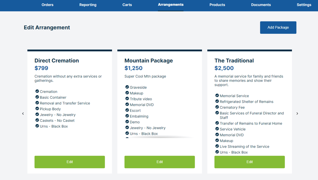 How do you build a funeral arrangement package?